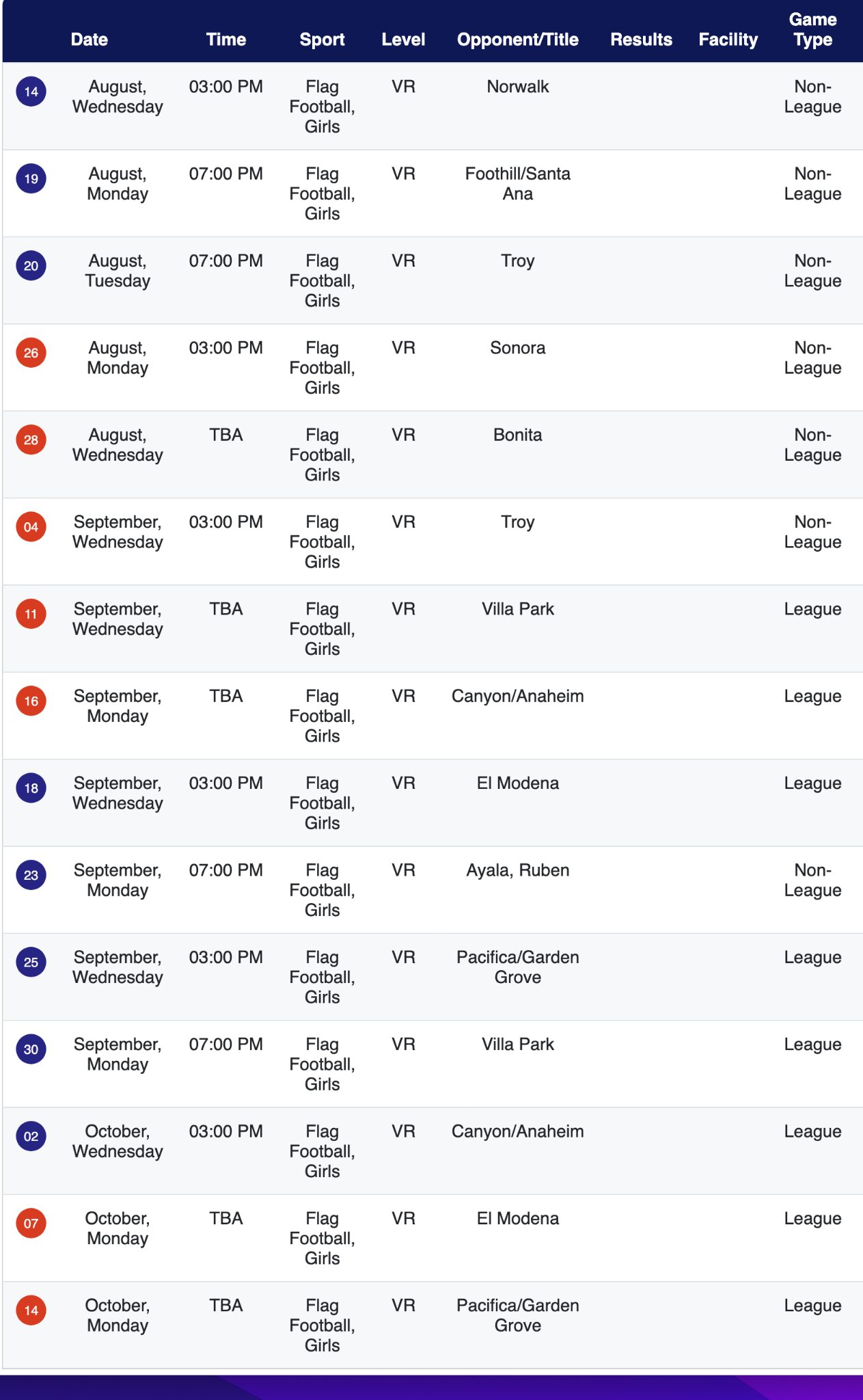 Program Schedule – YLHS Flag Football